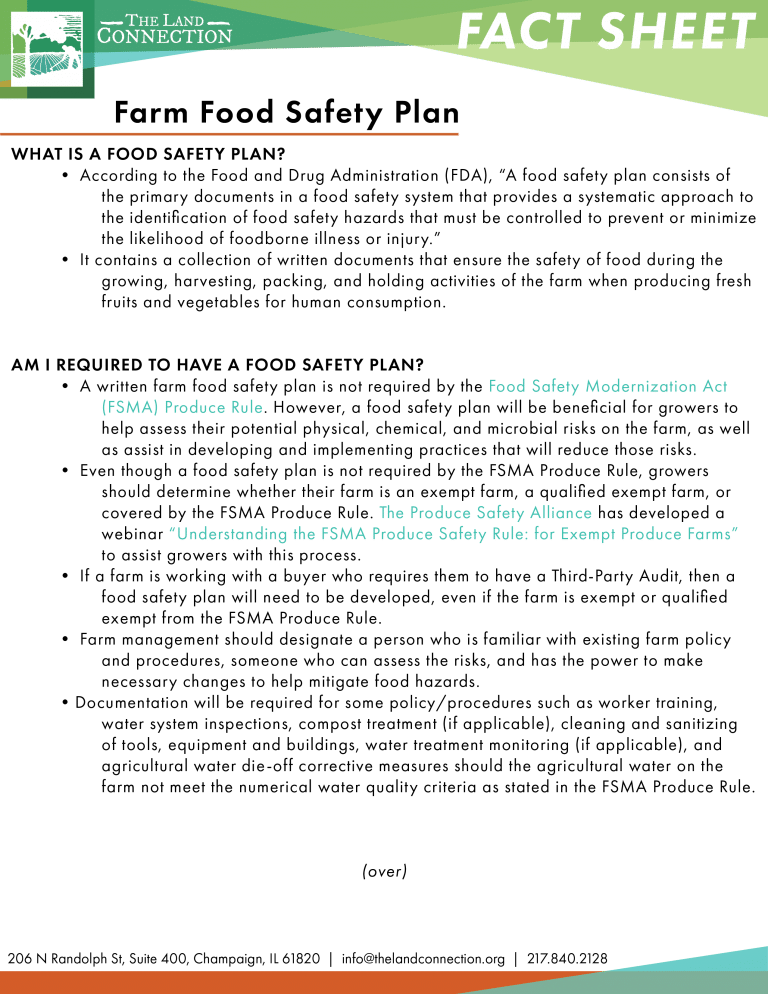 Farm Food Safety Plan - Fact Sheet - The Land Connection